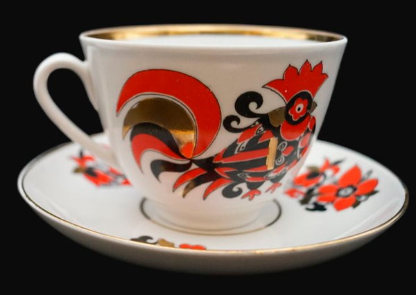 Винтажная чашка с блюдцем "Петух". Художник Воробьевский. ЛФЗ. СССР, 1970-1980. 250 мл Тип 2 ...