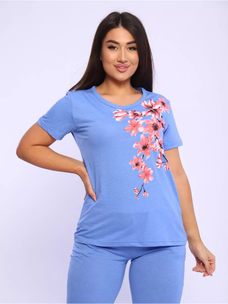 Костюм спортивный Женский GENJO Домашний голубой, размер 50 Хлопок Цветочный Россия На любой ...