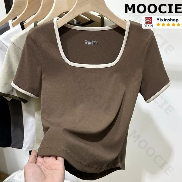 Футболка Женский MOOCIE кофе Короткий, размер 46 ABS пластик Однотонный, Другое Домашний Китай ...