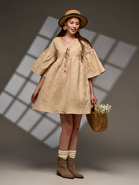 Платье Женский Selina Style бежевый Повседневный Три четверти Муслин ...