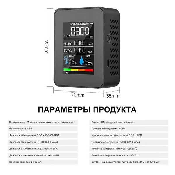 Датчик углекислого газа,Монитор качества воздуха 5 в 1. PM2.5, HCHO, TVOC, СО2, температуры и ...