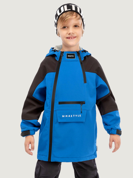 Ветровка Мальчики NIKASTYLE Капюшон синий Softshell, размер 134 Длинный Демисезон приталенный ...