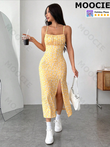 Сарафан Женский MOOCIE желтый Повседневный Без рукавов Корсет, размер 46 Шнуровка Фруктовый ...