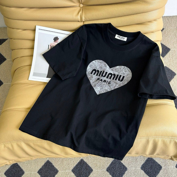 Футболка Мужской Женский Miu Miu черный Короткий размер 46 Хлопок Надписи Логотип облегающий