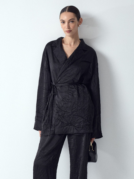 Рубашка Женский EMKA черный Длинный Пояс/ремень Однотонный, размер 44, 46 прямой Без застежки ...