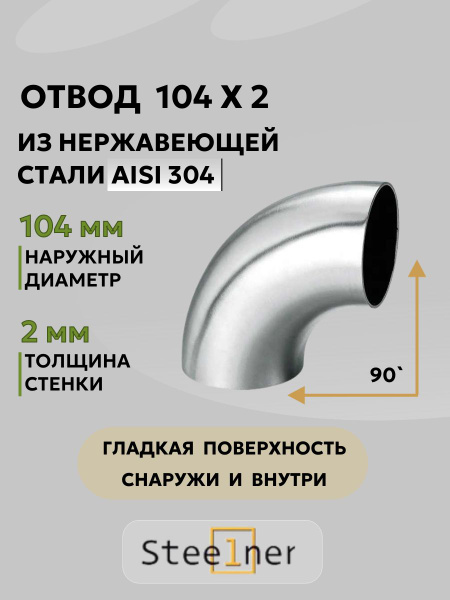 ОТВОД НЕРЖАВЕЮЩИЙ 104мм х 2мм, 90 градусов, под сварку / стальной уголок. Сталь AISI 304 L ...