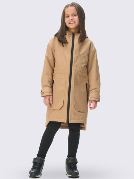 Плащ Девочки OLDOS бежевый Длинный капюшон Карманы, Капюшон, размер 146 Полиэстер Россия Молния ...
