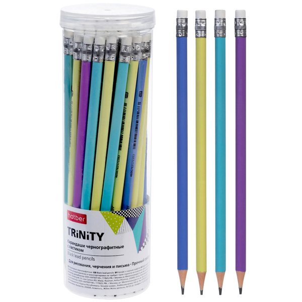 Карандаш чернографитный Hatber 48 штук TRINITY трехграннный пластиковый корпус Ассорти HB с ...