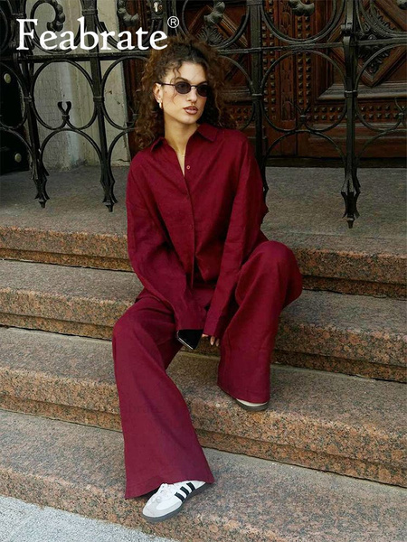 Комплект одежды Женский Feabrate Повседневный бордовый, размер 44 Хлопок, Полиэстер Однотонный ...