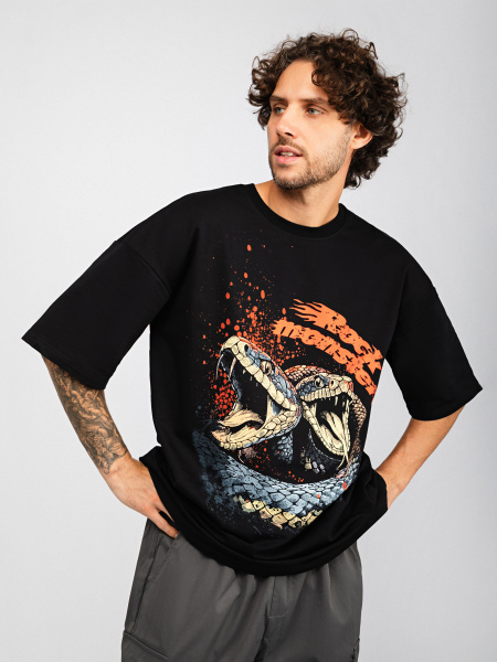 Футболка Мужской KyKy wear черный Короткий, размер 42, 46 Хлопок, Эластан свободный Повседневный ...