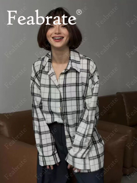 Рубашка Женский Feabrate черный муар Длинный Хлопок, Полиэфирный шелк Карманы Клетка, размер 42 ...