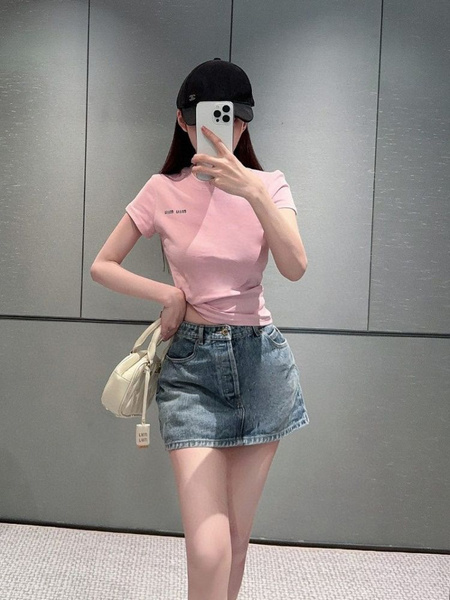 Футболка Женский Miu Miu розовый Короткий размер 46 Хлопок Повседневный Китай купить C