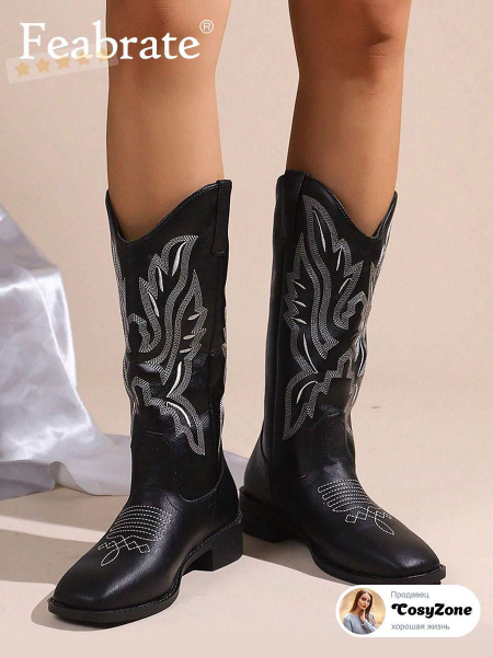Казаки Женский Feabrate, размер 41 черный Демисезон Толстый каблук Вышивка Без застёжки купить c ...