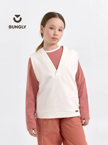 Жилет Девочки BUNGLY белый Хлопок, Полиэстер, размер 164 оверсайз трикотажный Без застежки ...