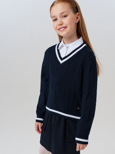 Джемпер Девочки PlayToday темно-синий Трикотаж, размер 134 Длинный Однотонный Китай купить c ...