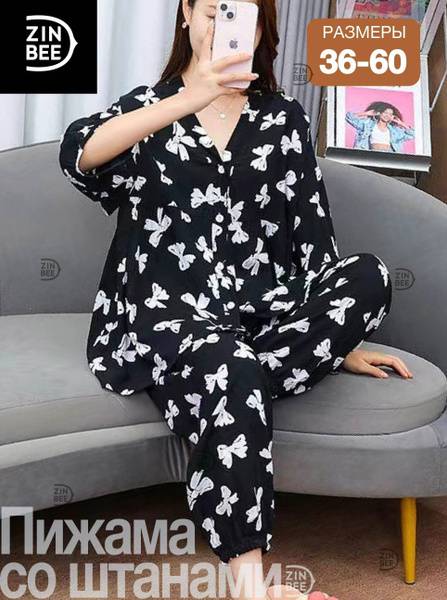 Пижама Женский ZinBee Вискоза, размер 42, 44 Разноцветный, Цветочный черный меланж Три четверти ...