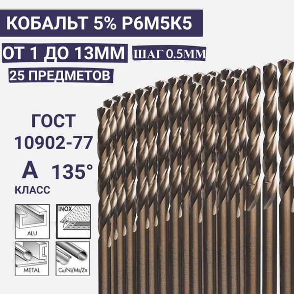 Набор кобальтовых сверл Р6М5К5 от 1 до 13мм шаг 0.5мм 25 предметов - купить по выгодной цене в ...