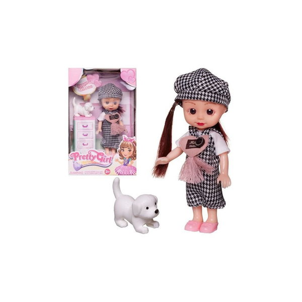 Кукла с питомцем Junfa "Pretty Girl", в черно-белом клетчатом сарафане и кепе, 16 см, в коробке ...