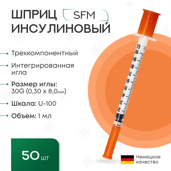 Шприц 1,0 мл. инсулиновый U - 100 (3-х компонентный) SFM, Германия ...