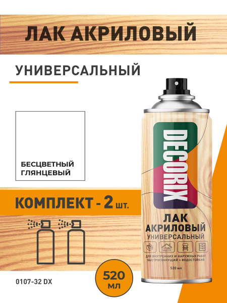 Лак акриловый глянцевый аэрозольный DECORIX в баллончике 520 мл прозрачный бесцветный для любых ...