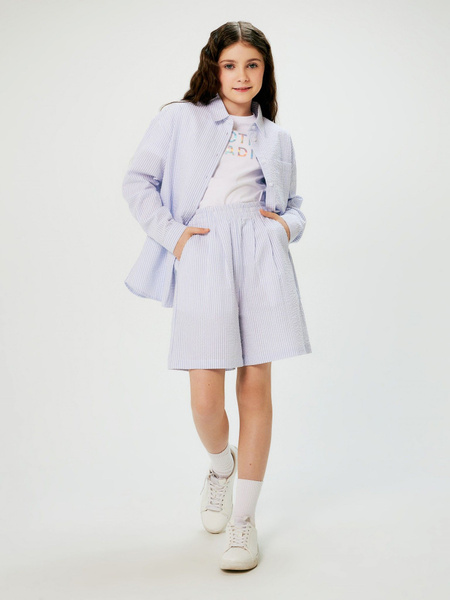 Шорты Девочки Acoola Повседневный белый, голубой, размер 164 Текстиль Резинка свободный Полоска ...