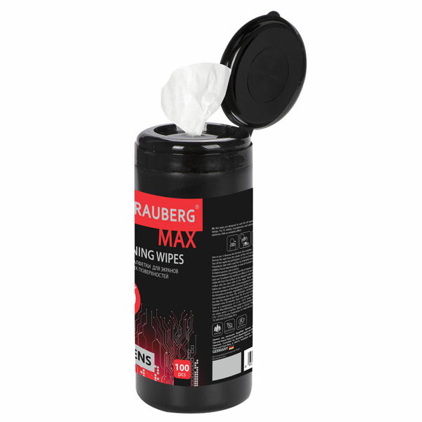 Салфетки для экранов всех типов и оптики BRAUBERG MAX ПЛОТНЫЕ, туба 100 ...
