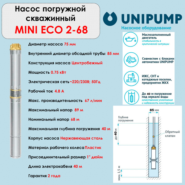 Насос погружной скважинный UNIPUMP MINI ECO 2-68 - купить по выгодной цене в интернет-магазине ...