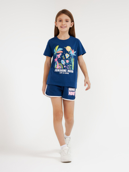 Шорты Девочки Acoola Повседневный темно-синий, розовый, размер 128 Трикотаж Резинка свободный ...