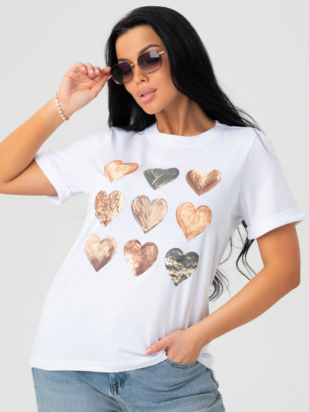 Футболка Женский Sofia trikotaz белый Короткий, размер 52 Трикотаж Сердца прямой Повседневный ...