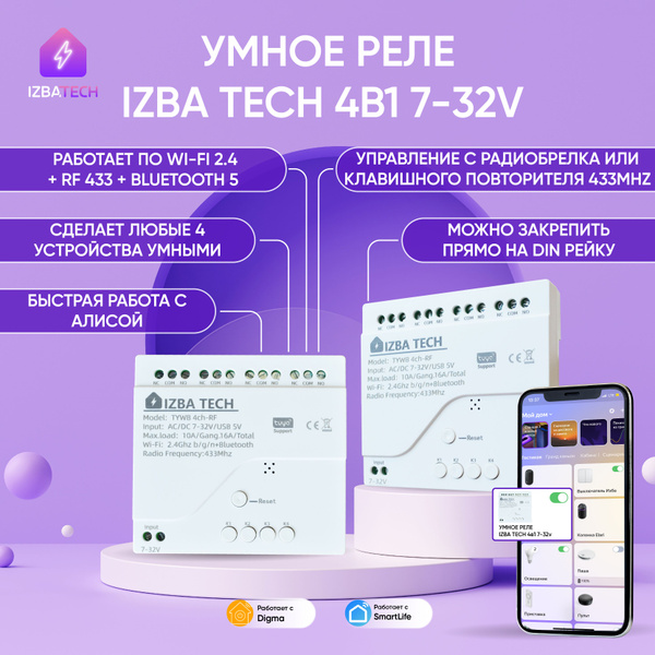 Умное реле контроллер на 4 канала для Яндекс Алисы от Tuya с WIFI + RF ...