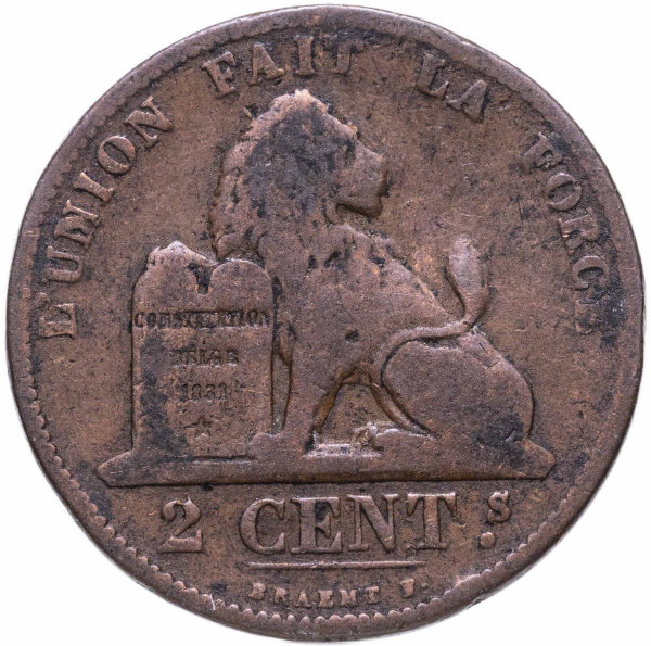 Бельгия 2 сантима centimes 1870 Надпись на французском - 'DES BELGES', Медь, в сохранности F ...