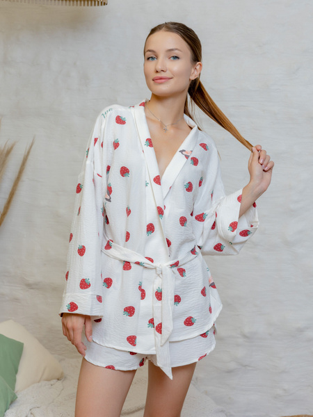 Пижама Женский Brostem Хлопок, Модал, размер 54 Фруктовый белый Длинный Россия Пояс/ремень Пояс ...