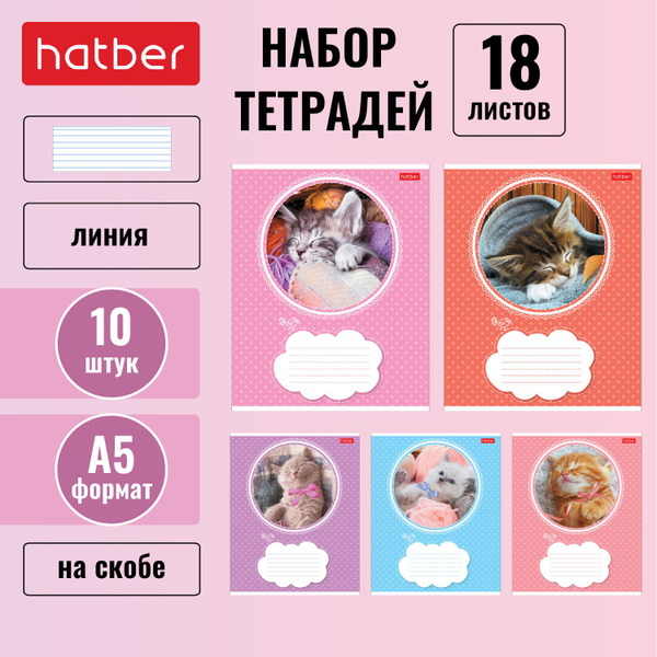 Набор тетрадей Hatber 10 штук / 5 дизайнов, 18 листов, формат А5, линия, на скобе, скругленные ...