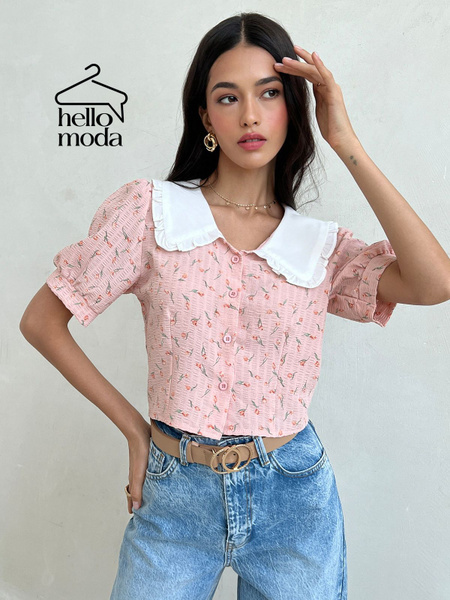 Блузка Женский HELLO MODA! пудровый, персиковый Хлопок, Полиэстер Воротник Укороченный Цветочный ...