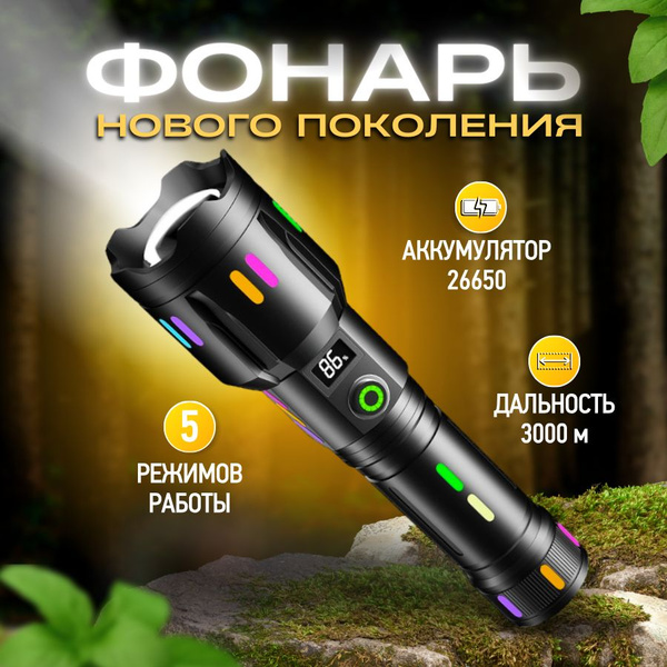 Мощный фонарь аккумуляторный лазерный ручной, фонарик тактический ...