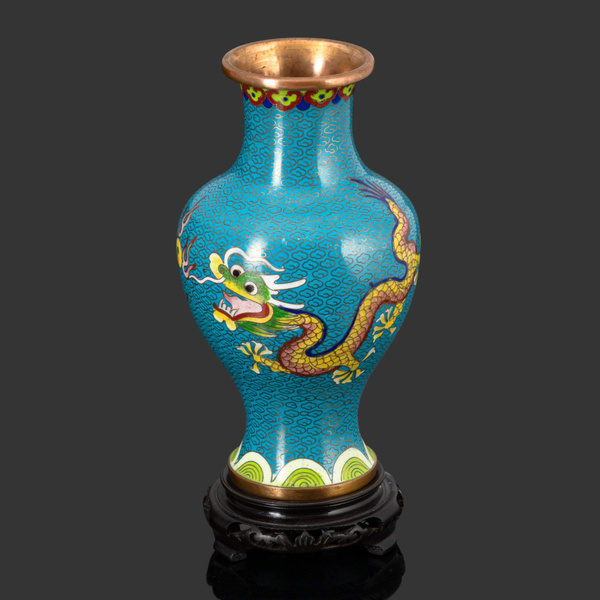 Ваза винтажная с композицией шуан лун си чжу, латунь, клуазоне перегородчатая эмаль, дерево ...