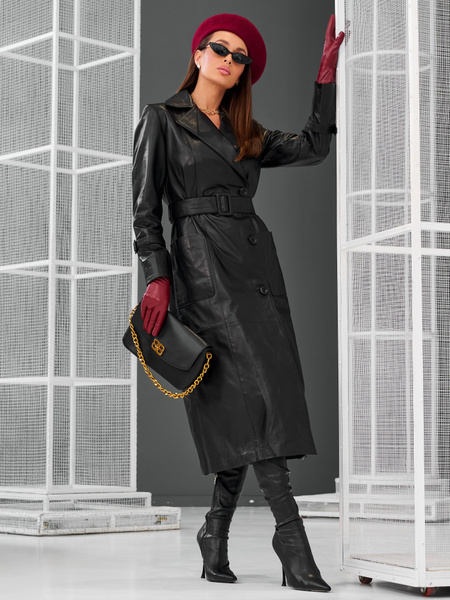 Плащ Женский Vici&Vici черный Длинный английский воротник Пояс/ремень, размер 52 Кожа Россия ...