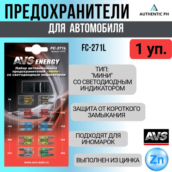 Набор предохранителей со светодиодом AVS FC-271L "мини" 43735, 1уп. по 10шт. купить c доставкой ...