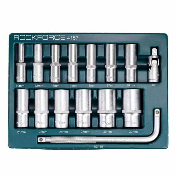 Набор головок глубоких 15 предметов (вороток Г-образный 1/2" 250мм, кардан 1/2") ROCKFORCE ...