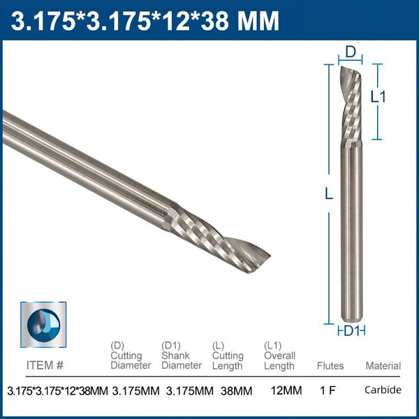 Фреза спиральная XCAN однозаходная 3,175x3,175x12x38мм, по дереву и ...