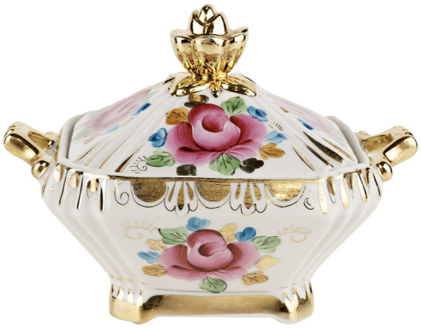 Сахарница "Розы", форма тюльпан, фарфор, ручная роспись, Гжель, СССР ...