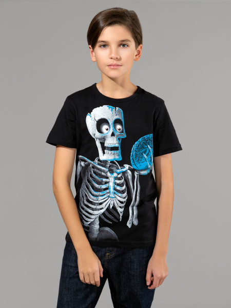 Футболка Мальчики KyKy wear черный Короткий, размер 140, 146 Хлопок Черепа прямой Повседневный ...