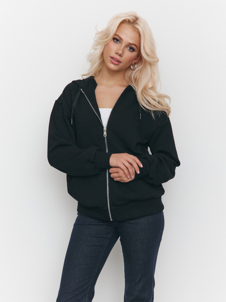 Толстовка Женский Avese Капюшон, Карманы черный Молния Футер трехнитка, размер 48 оверсайз ...