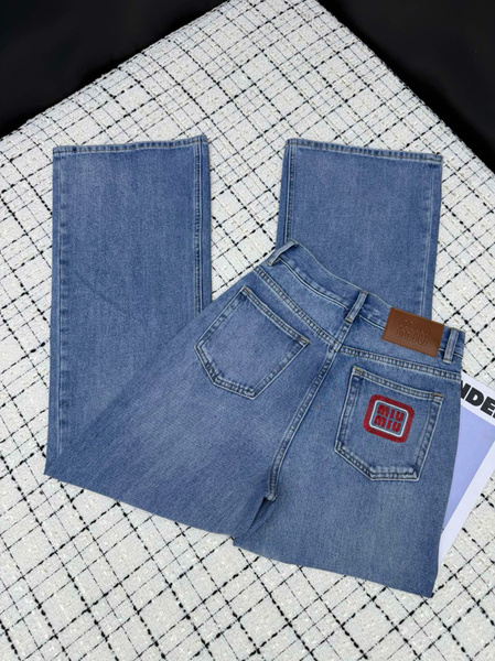 Джинсы Женский Miu Miu синий Хлопок размер 42 облегающий Пуговицы Высокая Вышивка Китай На