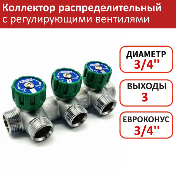 Коллектор c регулирующими вентилями 3/4'', 3 выхода 3/4'' под евроконус ZEISSLER купить на OZON ...