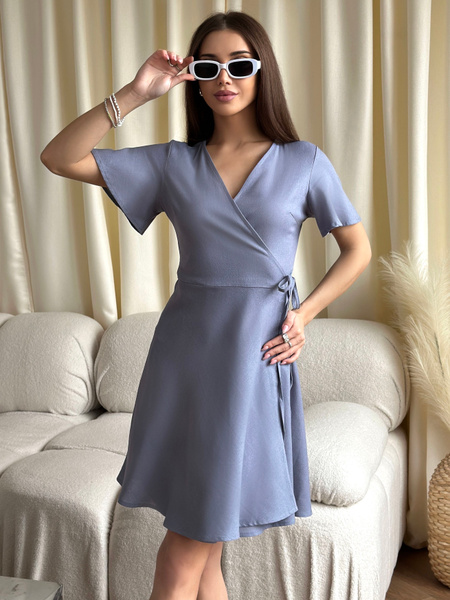 Платье Женский RAY WAY голубой с запахом Повседневный Короткий Лен ...
