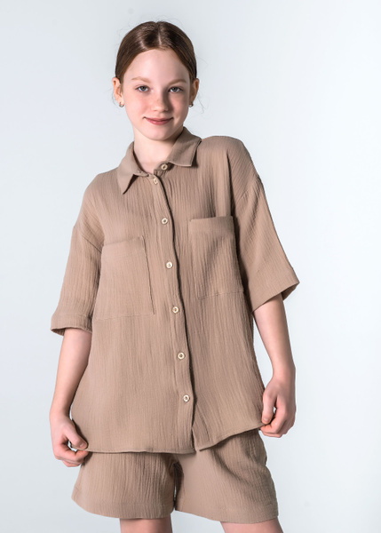 Комплект одежды Девочки Valini Повседневный с шортами кофе, кофейный, размер 140 Муслин, Хлопок ...