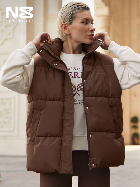 Жилет утепленный Женский NEVERLATE Карманы какао, размер 46, 48 Полиэстер Синтепон Молния ...