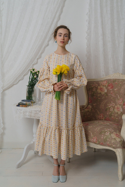 Платье Женский Cher-Neva молочный, синий прямое Вечерний/праздничный Длинный Хлопок Рюши, размер ...