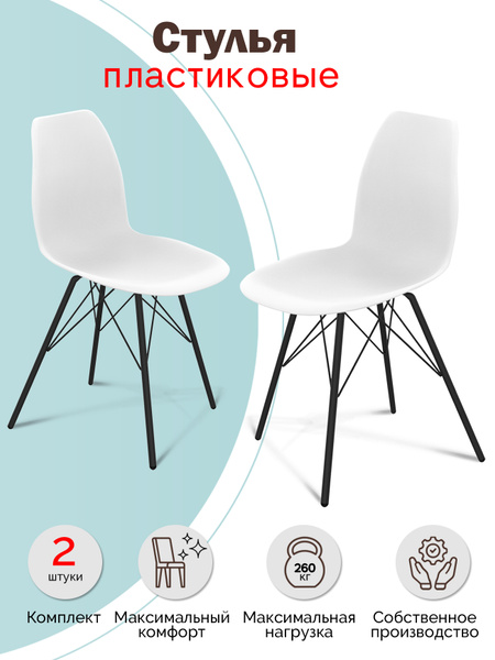 Стулья пластиковые со спинкой садовые, Стул для кухни на металлокаркасе, комплект 2 шт., белый ...